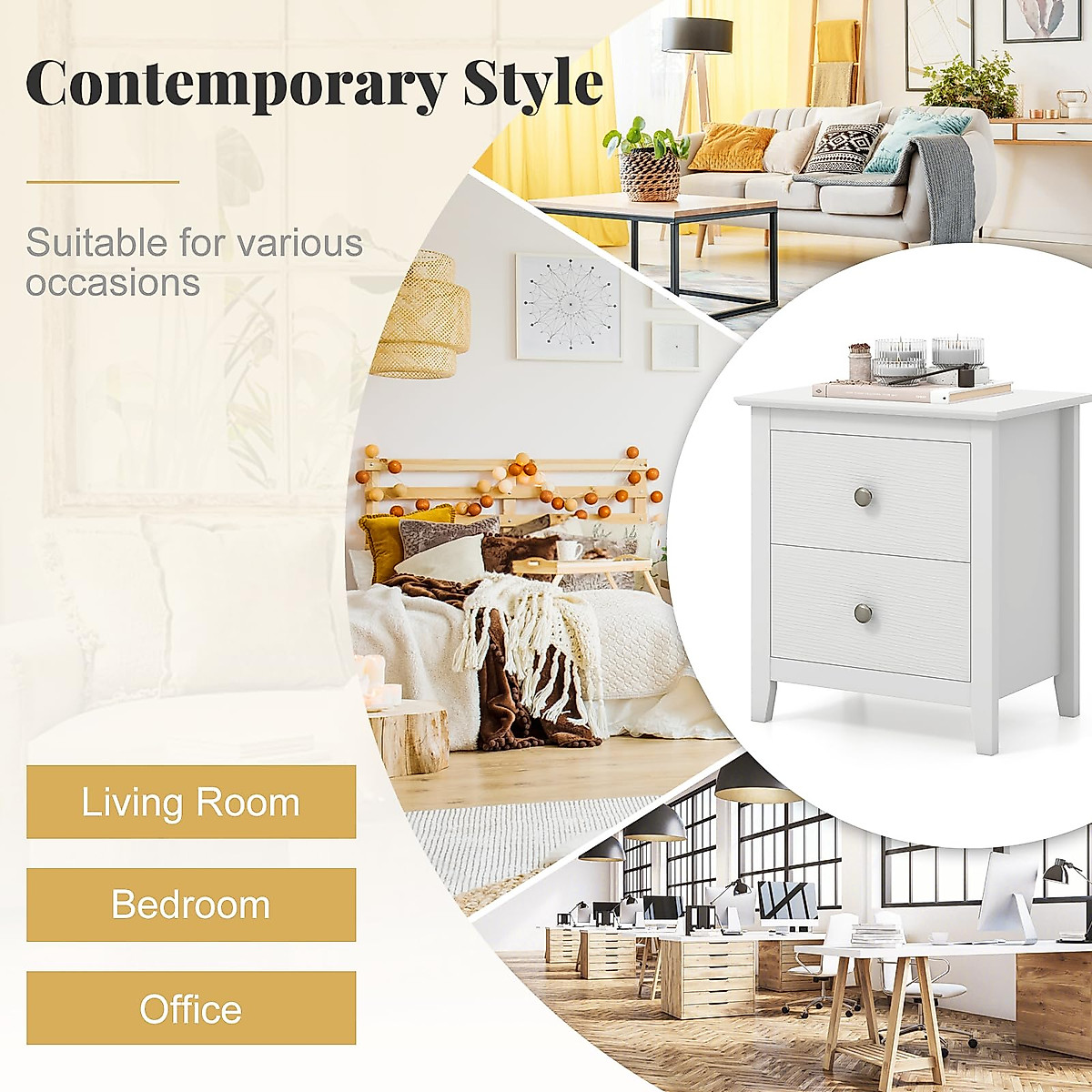 Giantex White Nightstand, Modern 2 Drawers Night Stand with Handles, Sofa Side Table with Sturdy Legs for Small Spaces, College Dorm, Kids’ Room, Wooden Bedside Table for Bedroom, White (1)