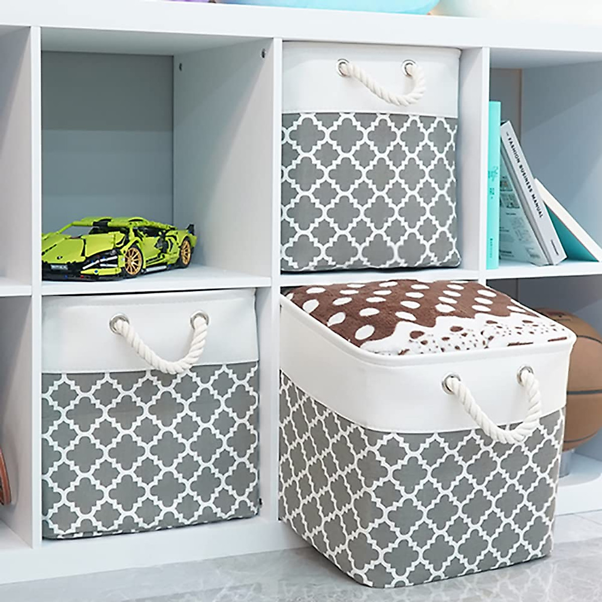 Cozyaver Storage Baskets for Shelves, 13'' x 13'' x 13'' Cube Organizing Closet Nursery Toy Decorative Linen Fabric Organizers with Cotton Handles, 3 Pack Grey Clover
