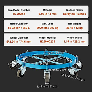 VEVOR 55 Gallon Heavy Duty Drum Dolly, 2000lbs Load Capacity, Barrel Dolly Cart Drum Caddy, Non Tipping Hand Truck Capacity Dollies with Steel Frame 8 Swivel Casters Wheel, for Warehouse Drum Handling