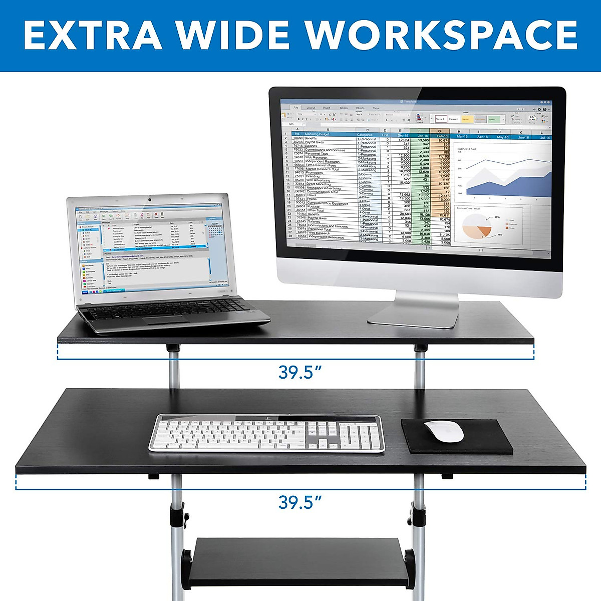 Mount-It! Mobile Standing Desk | Height Adjustable Rolling Desk with 40 Wide Table Tops | Multi-Purpose Rolling Presentation Cart with Four Platforms | (MI-7970)