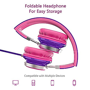 ELECDER i39 Headphones with Microphone Foldable Lightweight Adjustable On Ear Headsets with 3.5mm Jack for Cellphones Computer MP3/4 Kindle School Purple/Pink