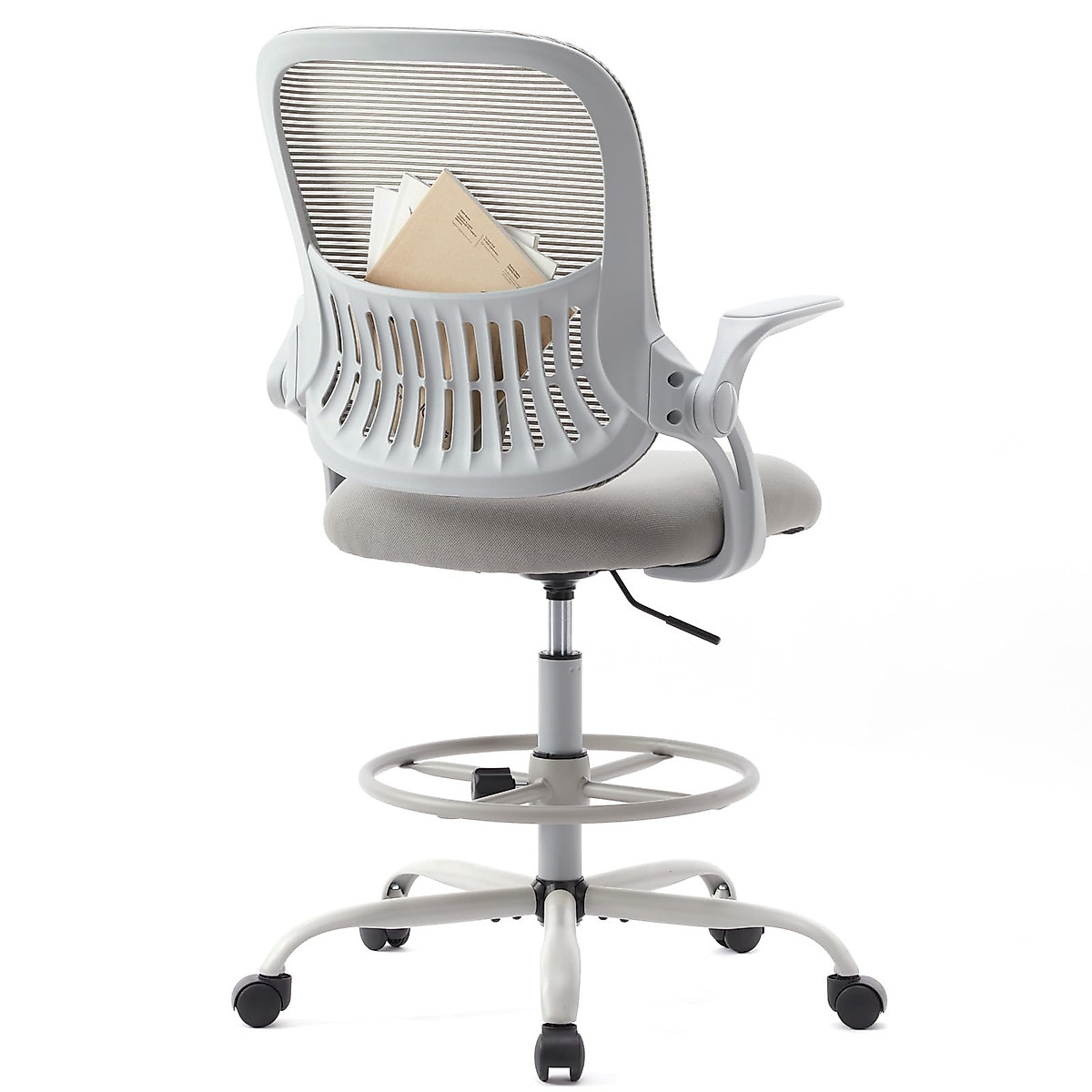 Drafting Chair, Tall Office Chair Tall Standing Desk Chair Counter Height Adjustable Office Chair for Standing Desk, Mid-back Mesh Drafting Chair with Flip-up Arms, Foot-ring, Wheels, Grey