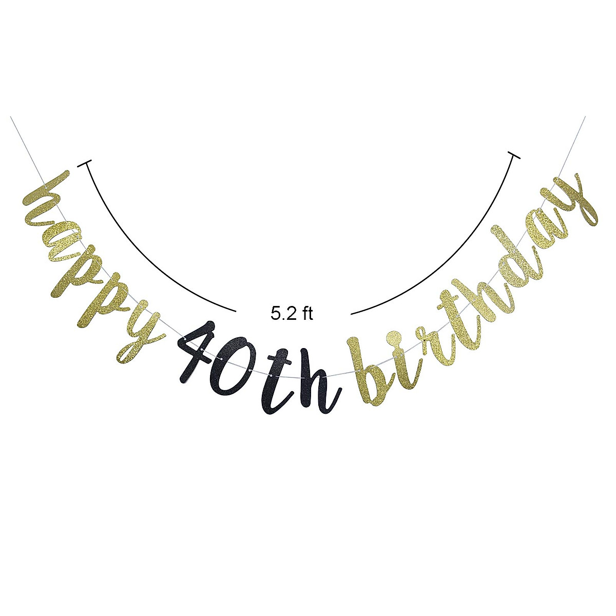Happy 40th Birthday Banner for 40th Birthday Party Pre-Strung Decorations (Gold & Black Glitter)