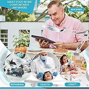 Magnifying Glass with Light and Stand - 2-in-1 Stepless Dimmable LED Magnifying Desk Lamp with Clamp - 3 Color Modes Lighted Magnifier Lens Swivel Arm Light for Reading, Craft, Close Works