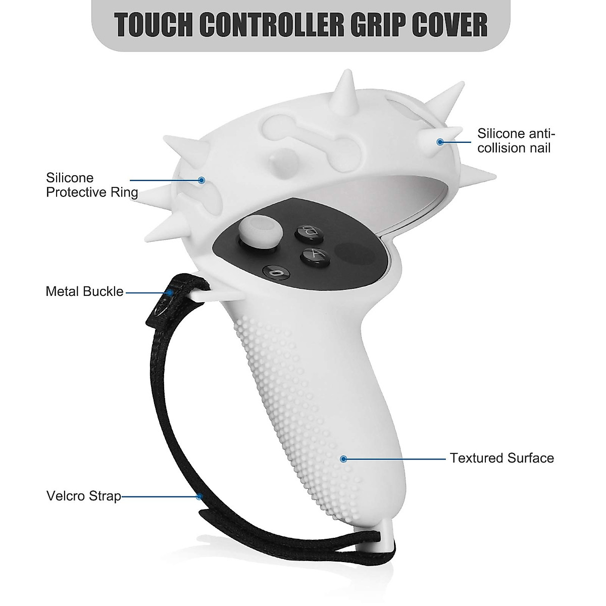 MASiKEN Controller Grips Cover with Face Cover for Meta Oculus Quest 2, Anti-Throw Grips Spike Cover with Adjustable Wrist Strap and Sweatproof Silicone Face Pad, Quest 2 Accessories Kit (White)