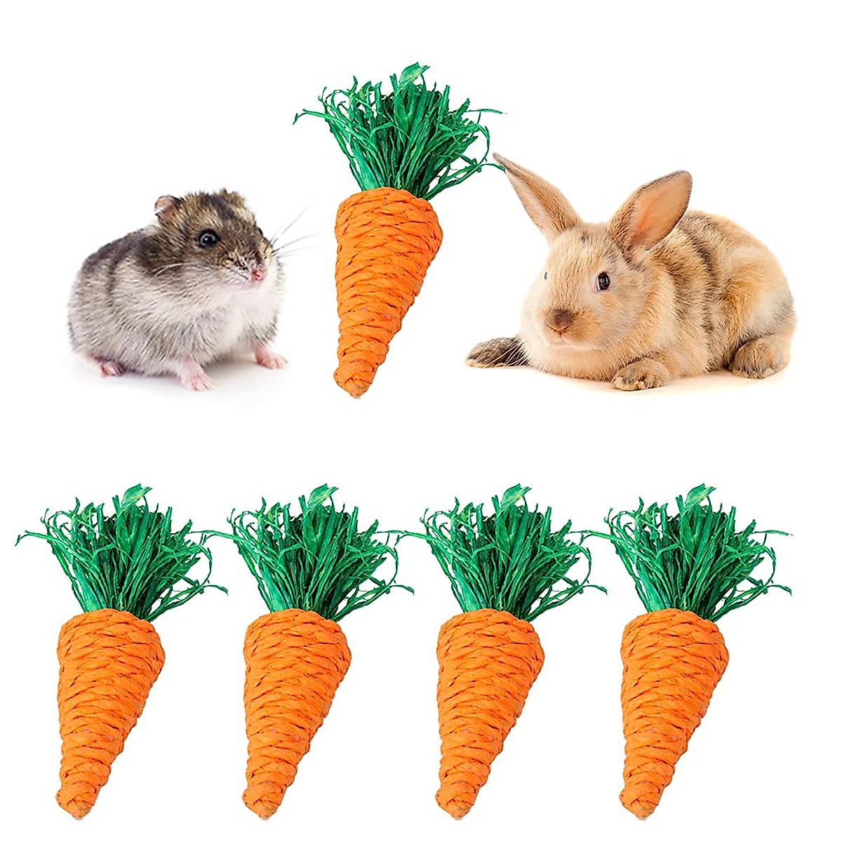 5Pcs Bunny Chew Toy for Teeth Cleaning Natural Hay Treat Grass Carrot for Rabbit Chinchilla Hamster Guinea Pig Play hay Treat for Rabbits