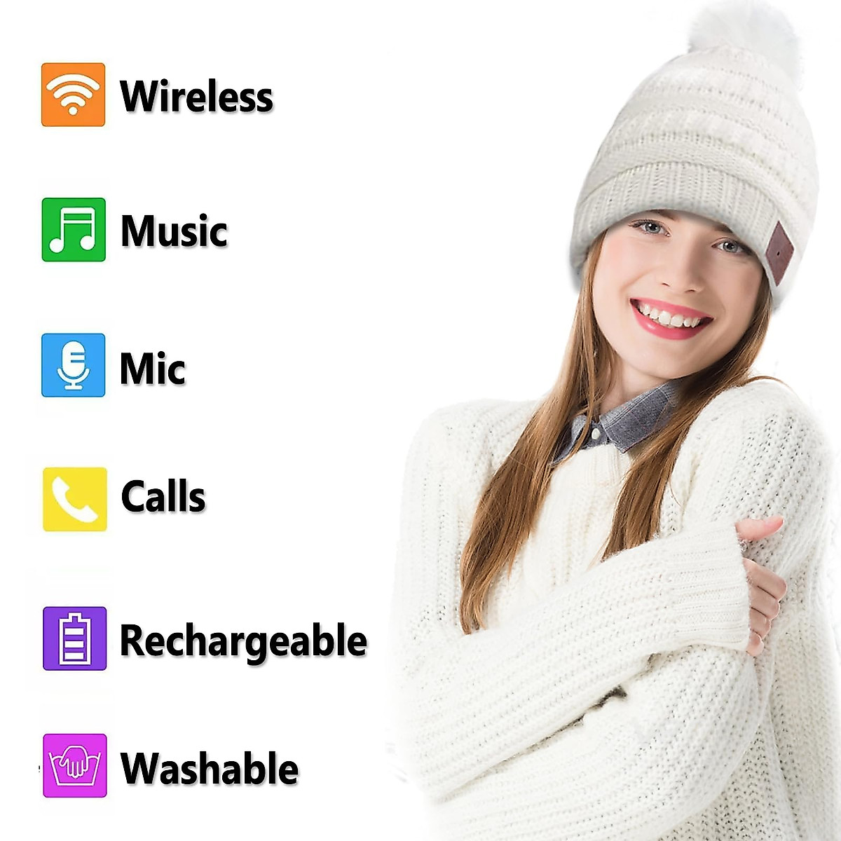 Wireless Beanie Headphone hat Women Winter Warm Knit Hats Cap Music Beanie with Headphones Built-in Stereo Speakers Mic for Outdoors Sports Running Skiing Woman Teenagers Her Snow White