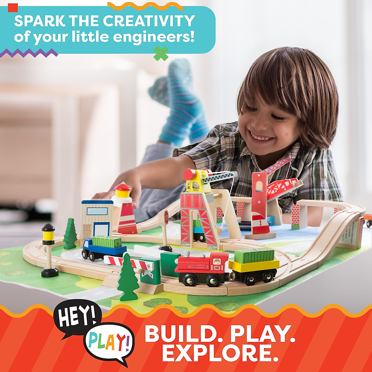 Wooden Train Set with Play Mat for Kids - Includes Deluxe Wood Tracks, Train Cars, Boats, Accessories for Boys and Girls by Hey! Play!