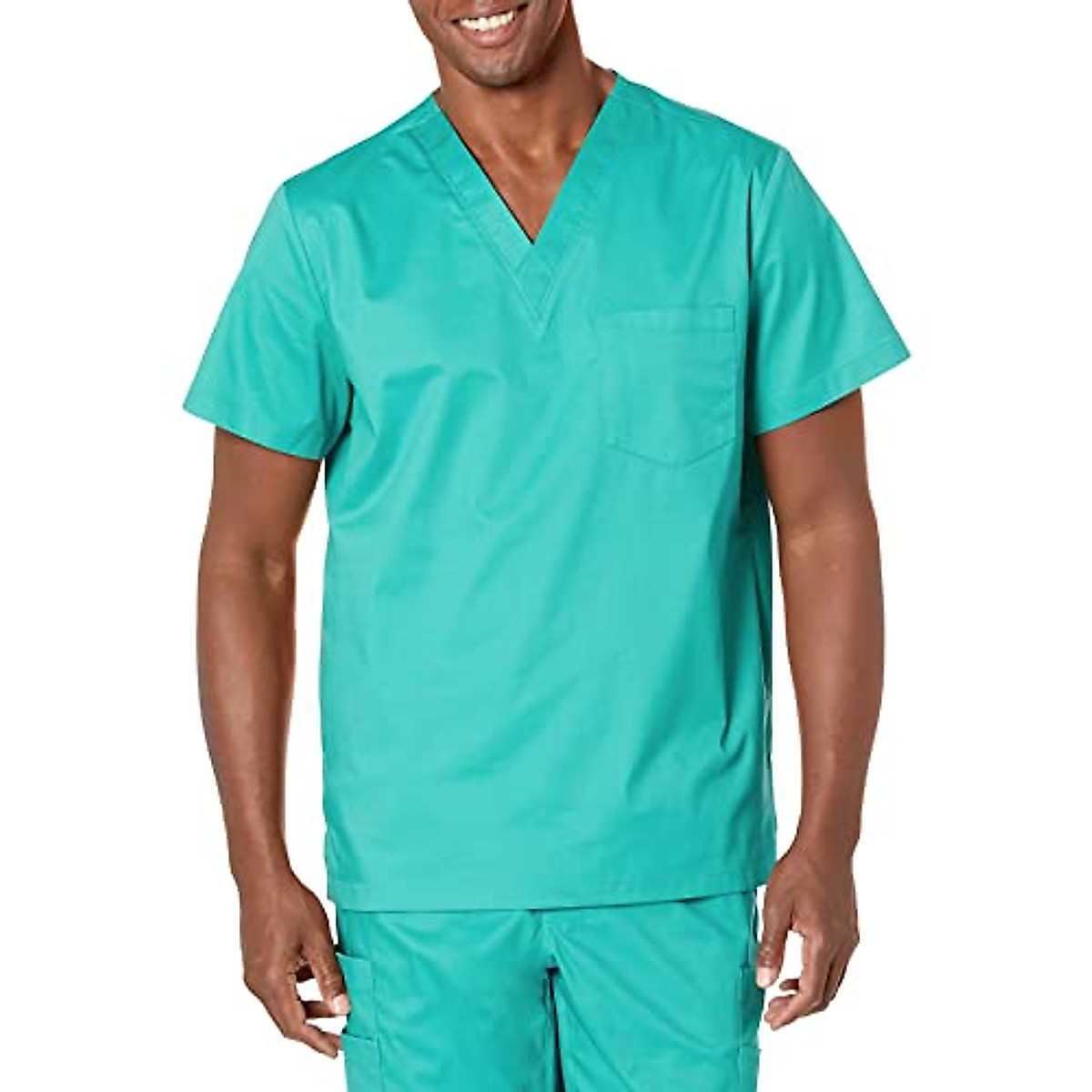Amazon Essentials Men's V-Neck Scrub Top with Pockets, Emerald Green, Large