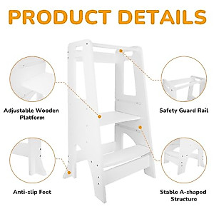 ZZBIQS Wooden Kitchen Toddler Step Stool Helper, Height Adjustable Learning Toddler Tower with Safety HandRail, Standing Tower Daycare Furniture for Kids (White)