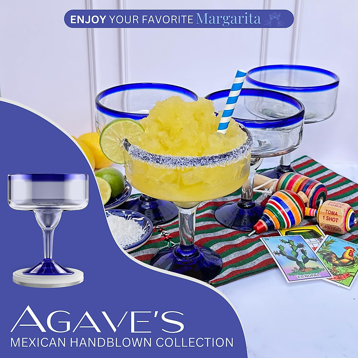 AGAVE'S GLASSWARE Margarita Glasses Set of 4 (16 oz) Gift Box – Cobalt Blue Rim Margarita Glass, Handmade, Mexican Glassware, Cocktail Glasses, Coupe Glasses (Cobalt Blue Rim).