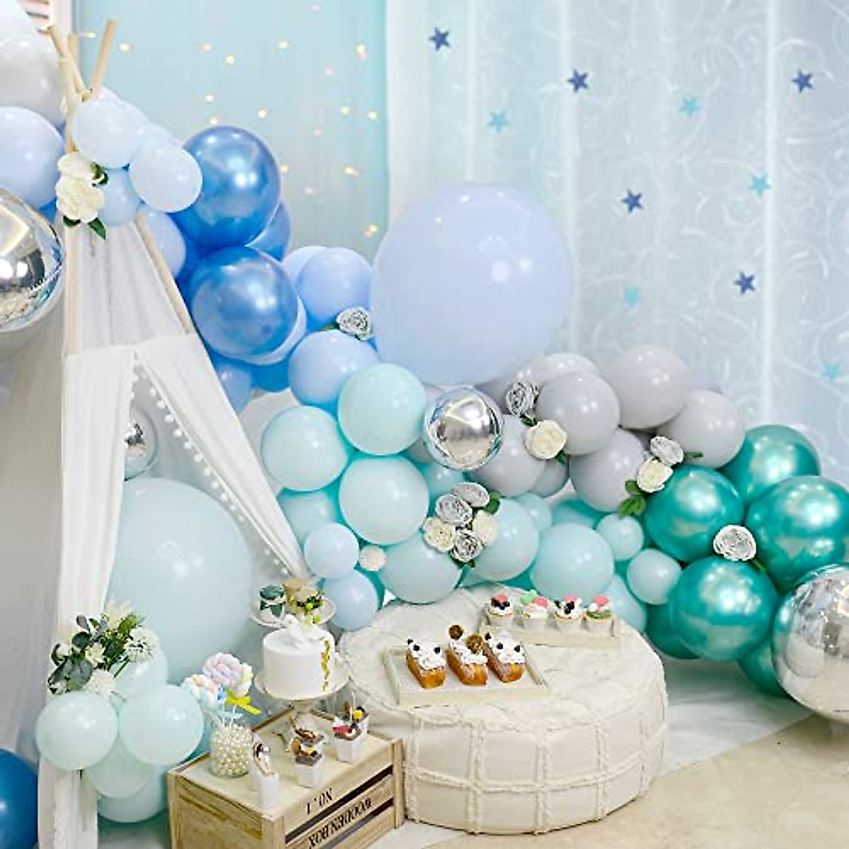 151pcs Blue Balloon Garland Kit with Silver Orbz Balloon Different Size Metallic Blue Light Gray Double Stuffed Balloon Arch for Boy Baby Shower Winter Wonderland Frozen Birthday Party Decorations