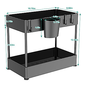 Giergt Under Sink Organizers and Storage, Bathroom Organizer Under Sink, 2-Tier Organizer with 6 Hooks, Multi-purpose Under Kitchen Sink Storage, Black Under Sink Shelf Organizer Rack