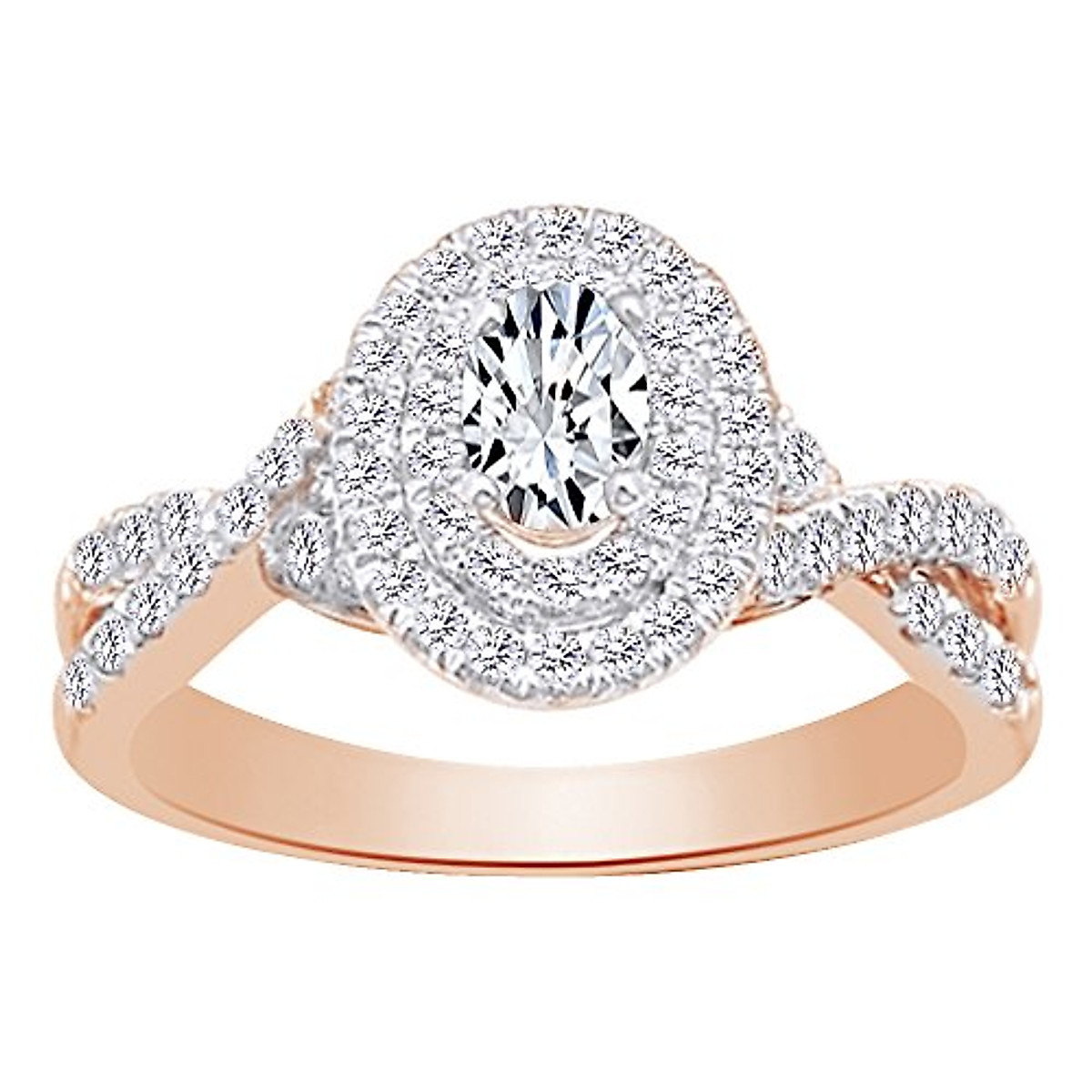 AFFY 0.62 CT White Natural Diamond Oval Shape Twist Shank Double Halo Engagement Wedding Ring In 14k Rose Gold With Ring Size 11.5