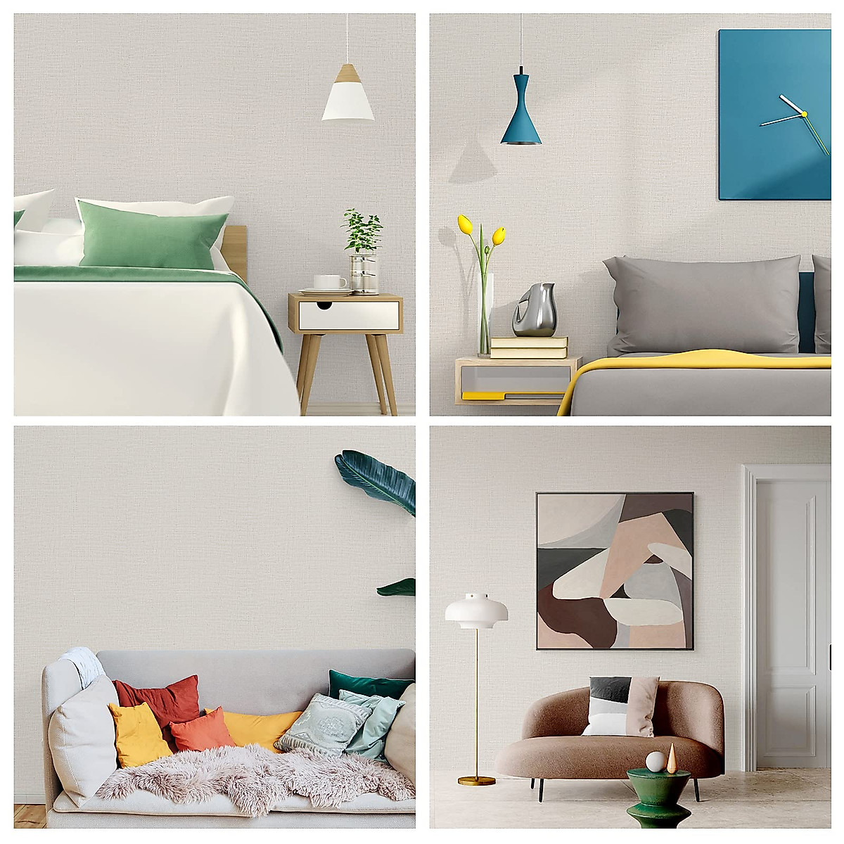 TANONE Cream Linen Wallpaper PVC Self-Adhesive Peel and Stick DIY Wallpaper Faux Imitation Cloth Vinyl Film Wall Paper Solid Color Decorate Furniture Bedroom (15.8 in X 118 in)