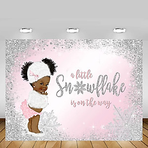 MEHOFOND Winter A Little Snowflake is On The Way Backdrop for Girls Baby Shower Pink Silver Glitter Snowflakes Baby Shower Party Decorations Photography Background Photo Shoot Banner Supplies 7x5ft