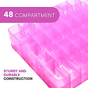 Bins & Things Toy Car Storage Organizer with 48 Compartments - Transparent Portable Car Case Storage Box for Small Items, Craft Supplies, Pills, Earrings - Ideal Organizer for Kids and Adults - Pink