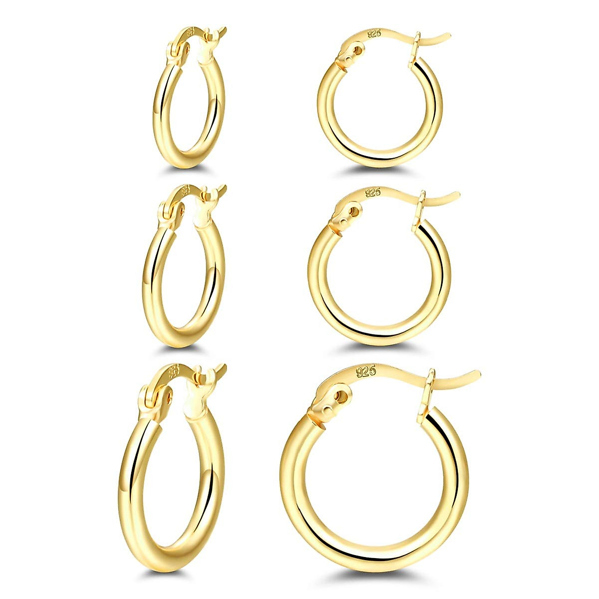 14K Gold Plated Hoop Earrings - 3 Pairs Sterling Silver Small Hoops| Gold Hoop Earrings Sets for Women Men (13mm 15mm 20mm)