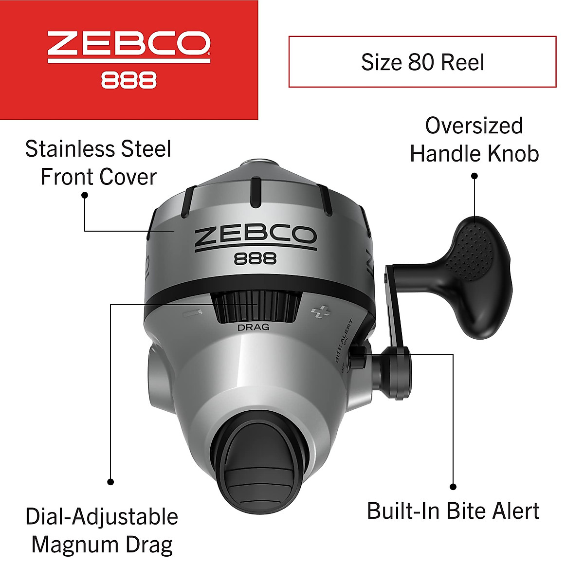 Zebco 888 Spincast Fishing Reel, Size 80 Reel, Changeable Right- or Left-Hand Retrieve, Built-in Bite Alert, 2.6:1 Gear Ratio, Pre-spooled with 25 lb Zebco line, Silver