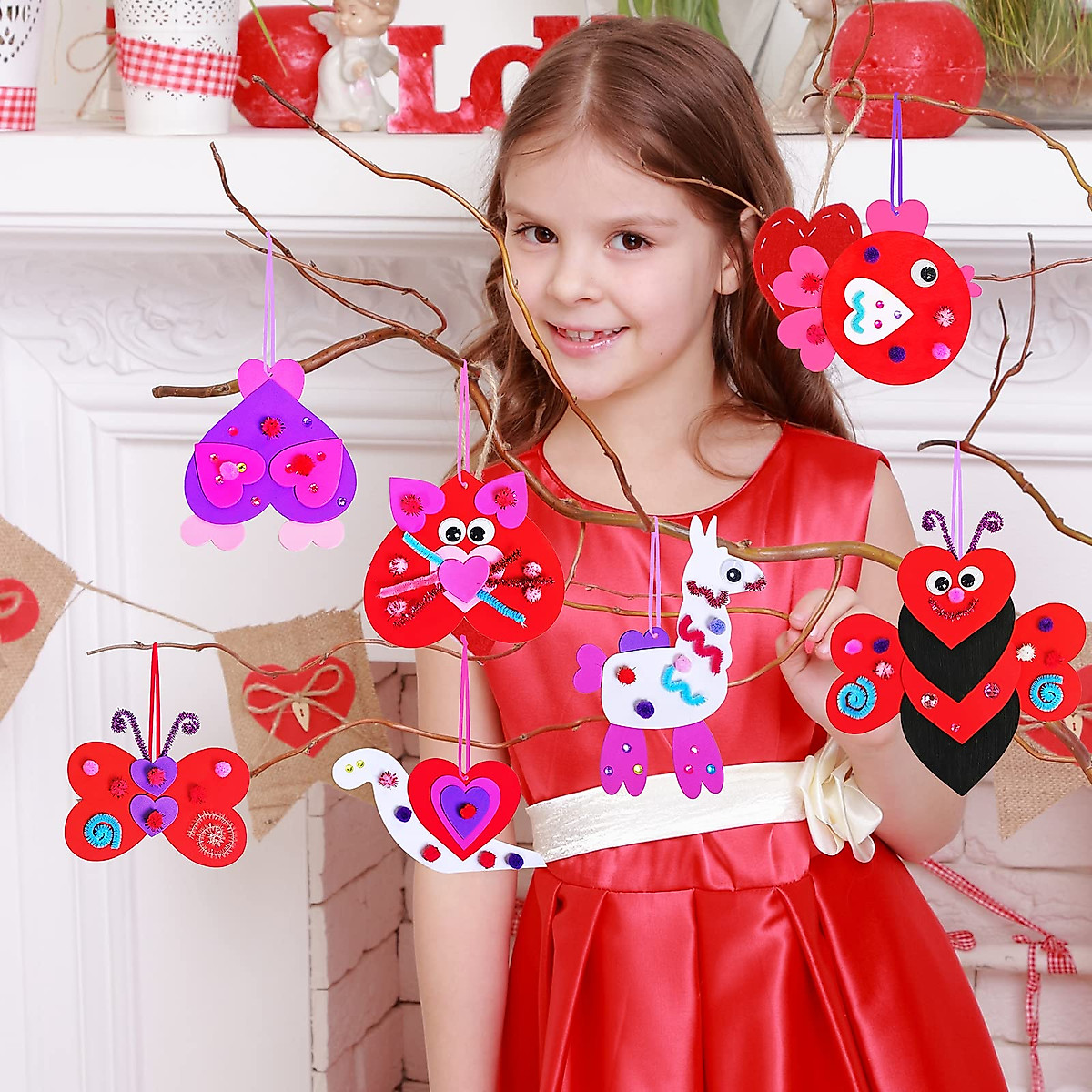 Winlyn 24 Sets Valentine's Day Craft Kits Foam Hearts to Animal Shape Ornaments Sets DIY Heart Dog Cat Owl Fish Butterfly Bee llama Bunny Decorations for Kids Valentine Spring Party Art Activity