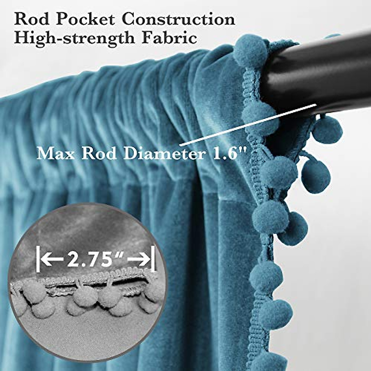 SNITIE Sky Blue 95in Long Pom Pom Velvet Curtains with Rod Pocket Thermal Insulated Soft Privacy Light Filtering Velvet Drapes for Bedroom and Living Room, 2 Panels (Sky Blue, 42 x 95 Inch Long)