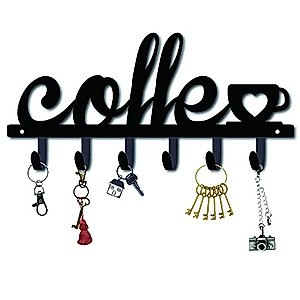 CREATCABIN Hook Hanger Wall Key Holder Metal Decorative Mounted Coat Hanger with Word of Coffee Design Organizer Rack with 6 Hooks for Wall, Bathroom, Kitchen, Entryway