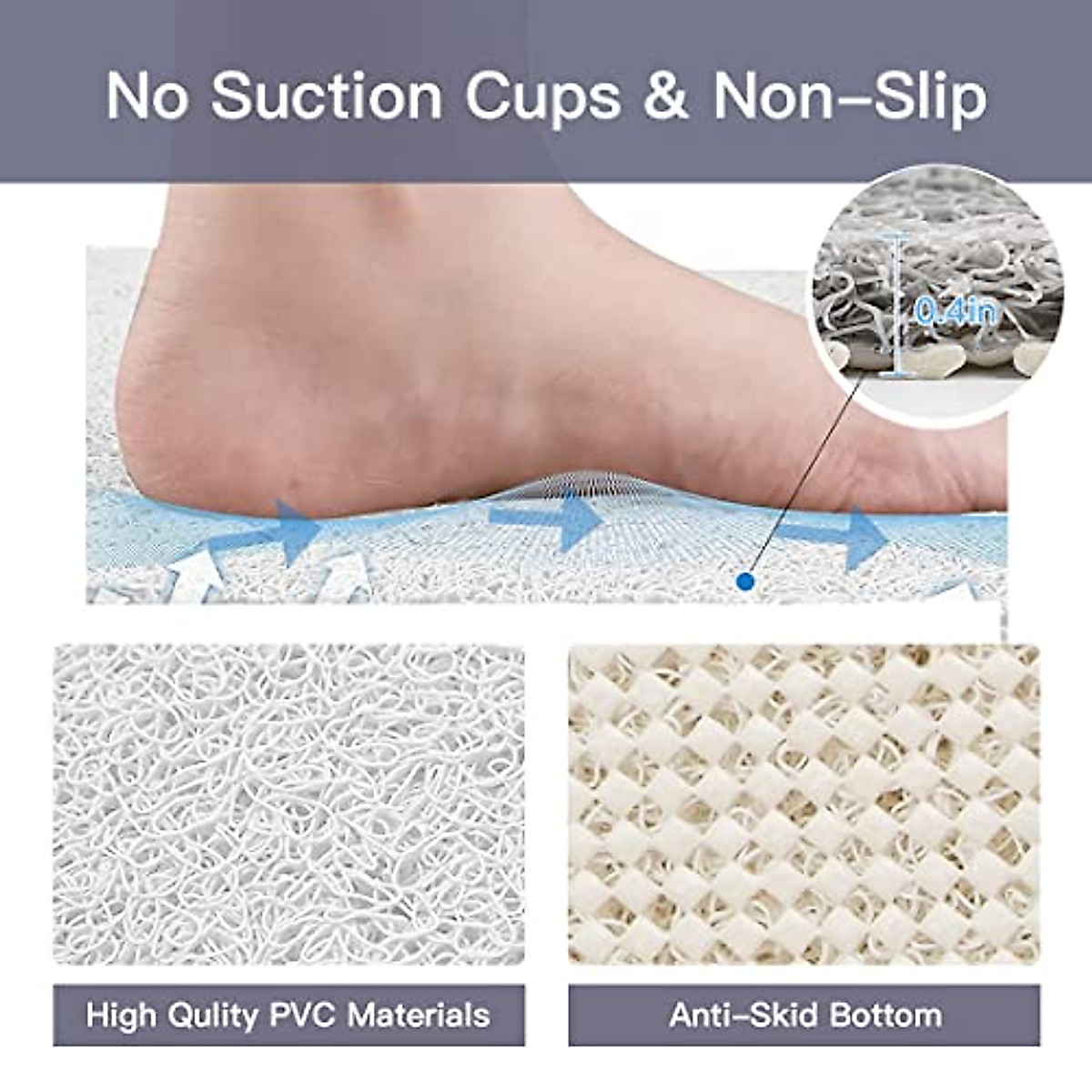 Shower Mat Non Slip,Soft Bath Mat with Drain,Quick Drying PVC Loofah Bathtub Mat for Bathroom,Without Suction Cups,24 x 24 Inch (White)