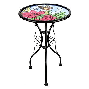 HONGLAND Outdoor Side Table Accent Round Painted Glass Desk for Garden,Patio, Dining Room 14 Inches(Butterfly)