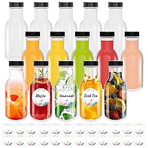 Cehomi 8 oz Glass Juice Bottles with Black Lids, Clear Glass Drink Jars for Juicing, Water, Wine, Hot Sauce, 15 Pack Reusable Glass Sauce Bottles Storage Containers