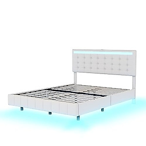 Aiuyesuo Modern Queen Size Floating Bed with Headboard and USB Ports, Solid Wood Upholstered Platform Bed Frame with Led Lights Faux Leather, Wooden Slats, No Box Spring Needed (White-TD34)