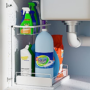 Under Sink Organizers and Storage, Painted Steel Under Cabinet Storage Pull Out Bathroom Organizer with Handles, 2 Tier Under Sink Storage Kitchen Space Rack for Countertop, White