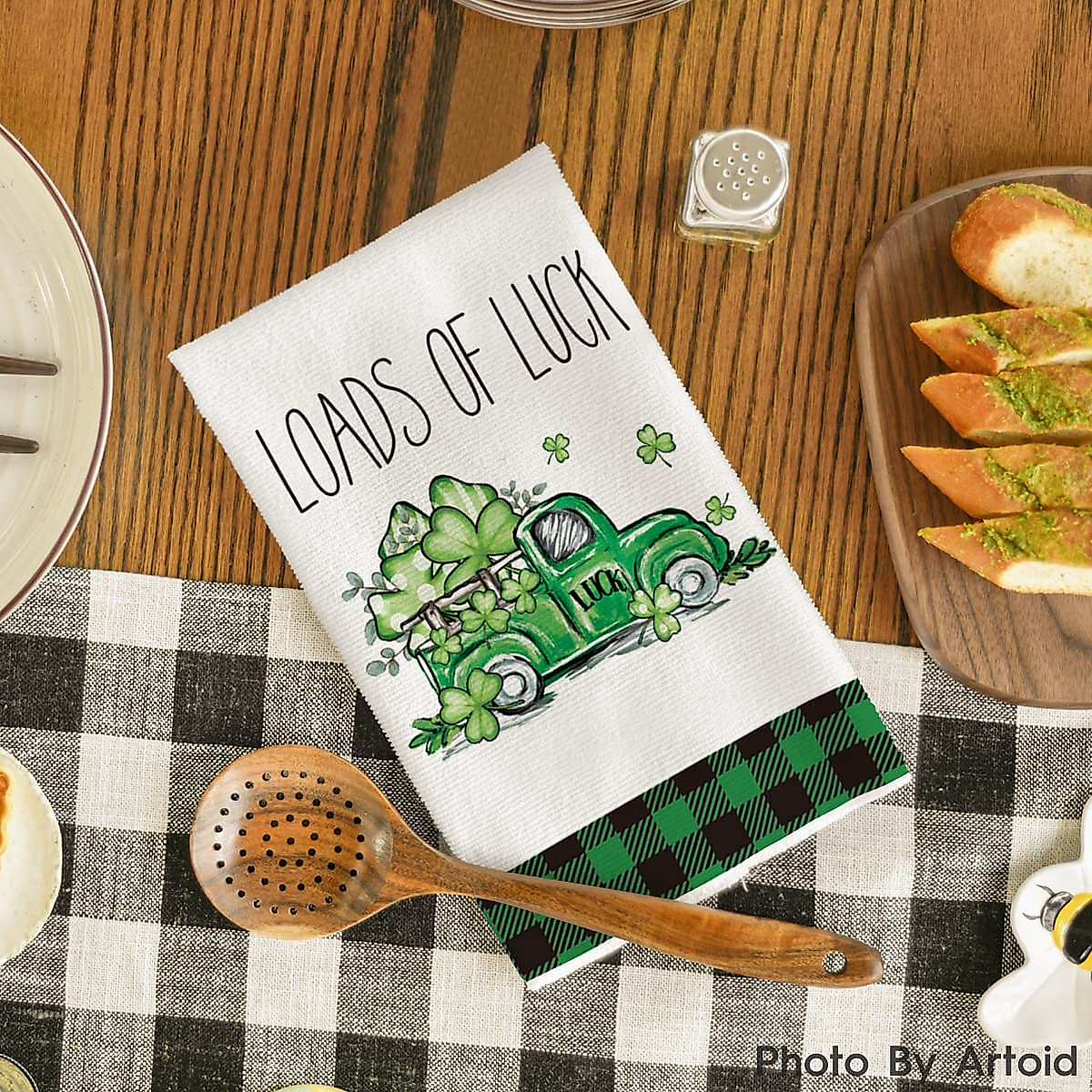 Artoid Mode Buffalo Plaid Lucky Clover Shamrock Truck Gnomes Kitchen Dish Towels, 18 x 26 Inch Seasonal St. Patrick's Day Ultra Absorbent Drying Cloth Tea Towels for Cooking Baking Set of 2