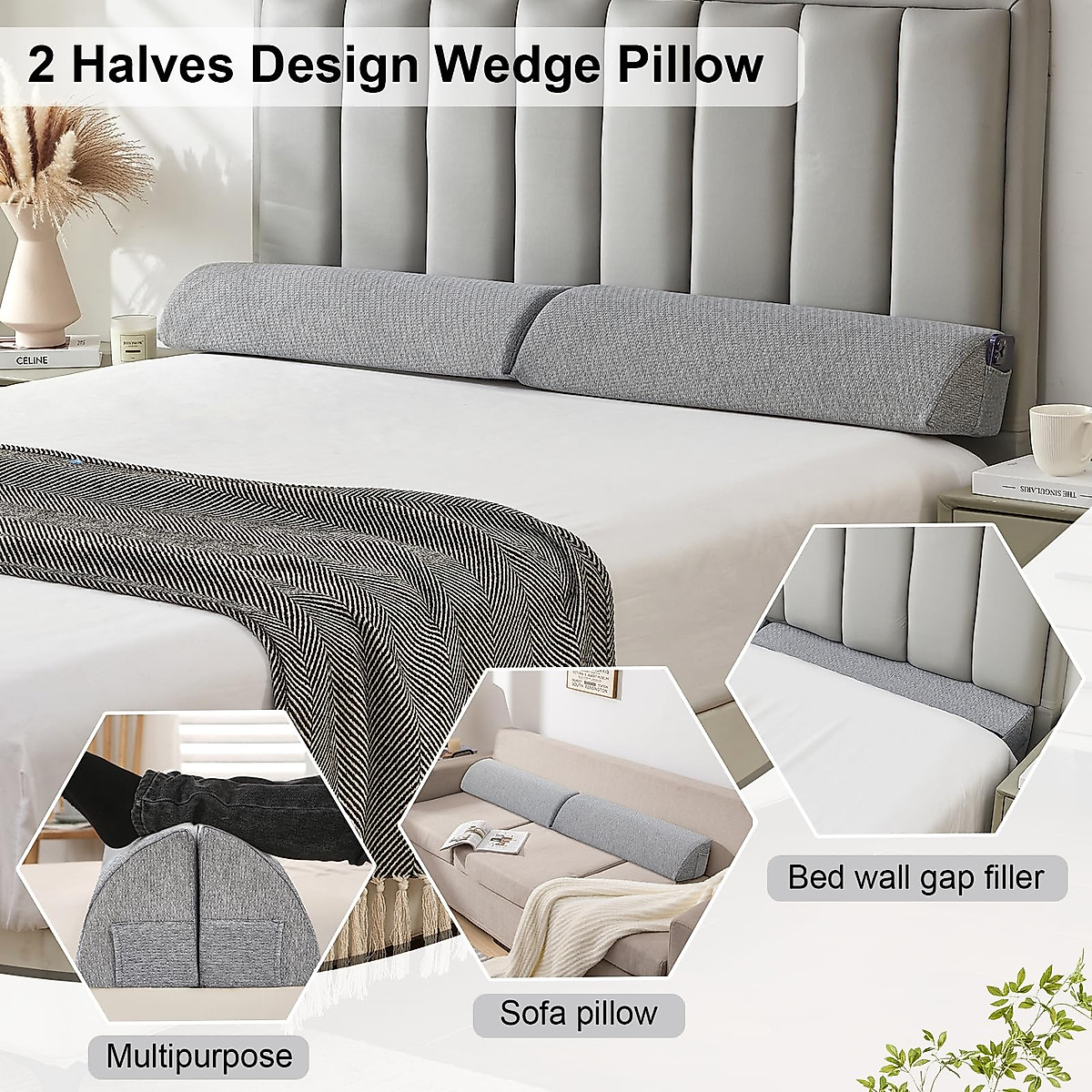 Qucover Headboard Wedge Pillow Queen, 2-Sections Viscose Fiber Polyester Bed Wedge Pillow for Headboard Grey, Between Mattress and Headboard Wedge Pillow Gap Filler (0-7"), 60"x8"x6"