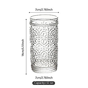 SoulTimes Vintage Glassware Embossed Glass Cups Set of 4, 12 oz Romantic Water Glasses, Highball Beverage Glasses Cup, Cocktail Glasses Drinking Glasses, for Juice, Beverages, Cocktail, Water