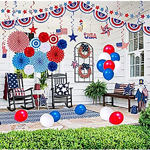 66PCS 4th/Fourth of July Decorations Set - Patriotic Paper Fans+Tissue Pom Poms+Star Streamer+American Flag Banner Garland+Hang Swirls+Balloons - Red White Blue USA Memorial Day Party Decor Supplies