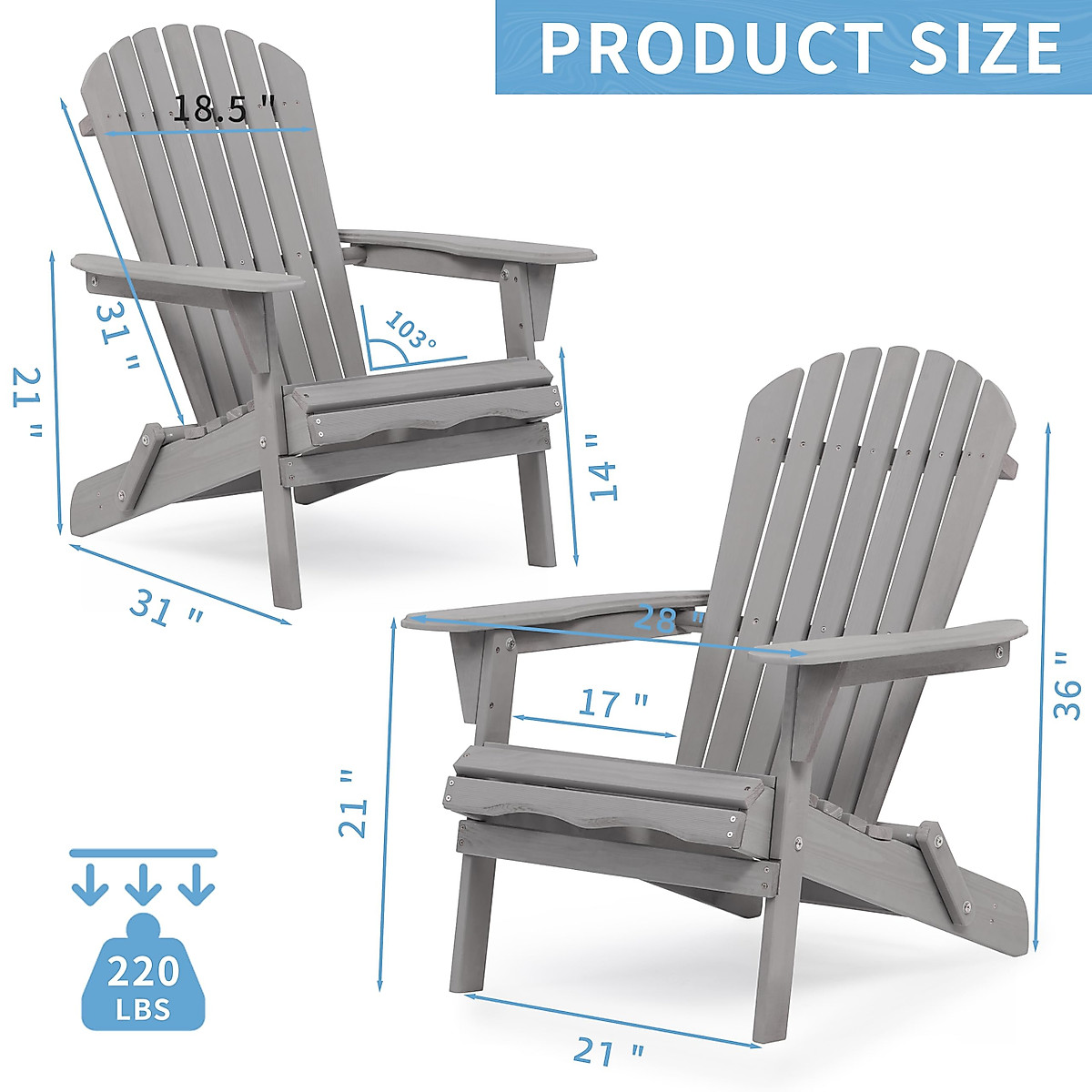 Mederra Wooden Folding Adirondack Chair Set of 2, Half Pre-Assembled Lounge Chair for Outdoor Patio Garden Backyard Deck Pool Beach, Grey