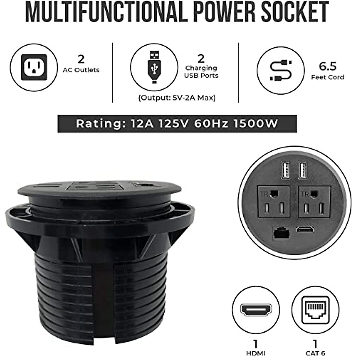 Round Desktop Conference Room Power Grommet Outlet, FITS 3 1/8" - 3 1/4" 2 (TR) AC Outlets, 2 USB Charging Ports, 1 CAT 6, 1 HDMI, ETL Listed (DC-8689-Black)