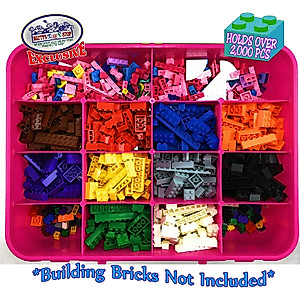 Matty's Toy Stop Brik-Kase 2.0 Travel, Building, Storage & Organizer Container Case with Building Plate Lid (Holds Approx 2000pcs) - Compatible with All Major Brands (Pink, Lime & Aqua)