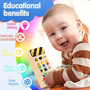 POLKRANE Busy Board with LED Light,Montessori Toys with Toggle Switch,Travel Toys and Wooden Toy for Educational Toddler Activities for 1 2 3 4 Year Old Boys & Girls (Rainbow)