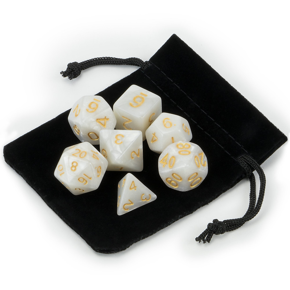 Wiz Dice 7 Die Polyhedral Dice Set - Forbidden Treasure (White Pearl) with Velvet Pouch