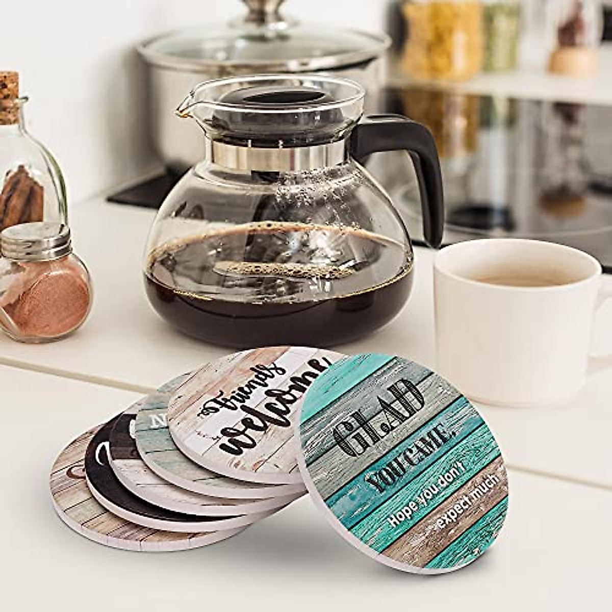 Funny Coasters for Coffee Table - 6 Sarcastic Absorbent Stone Cork Drink Coasters, Farmhouse Bar Coasters for Drinks with Holder, Cool Housewarming Gift, New Home - Cup Coster for Wooden Table