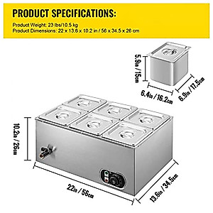 Commercial Food Warmer 6 Pan, Stainless Steel Bain Marie - 12.6 Qt Capacity, 1500W, Temperature Control, Electric Soup Warmer with Lids and Ladles