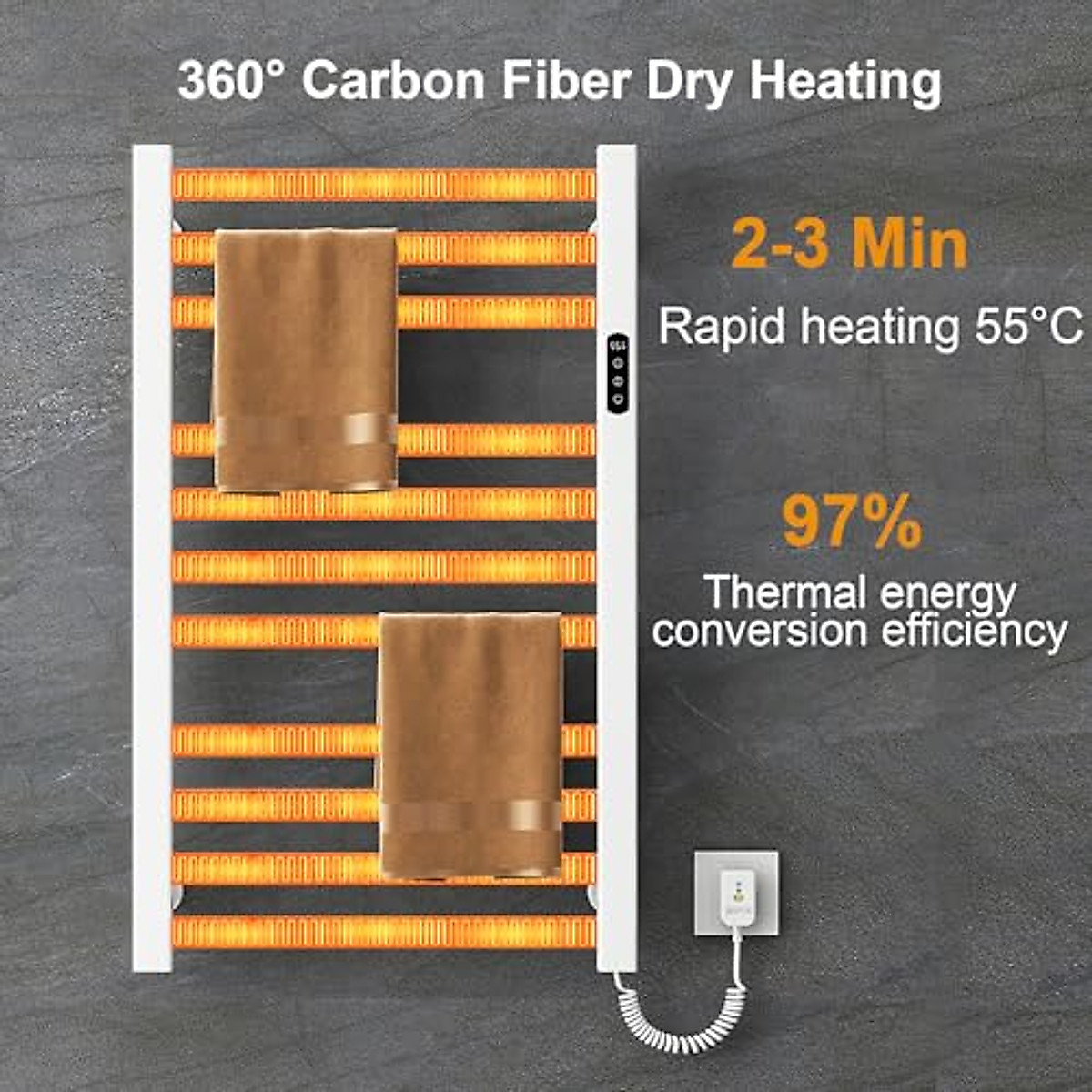 SWHC Heated Towel Rack, 350W Towel Warmer Smart Touch Radiator Towel Rail Electric Wall Mounted Towel Rail Timer 1-9H, 30-70°C Towel Radiator 11 Rods Bathroom Radiators 55 x 10 x 90 cm