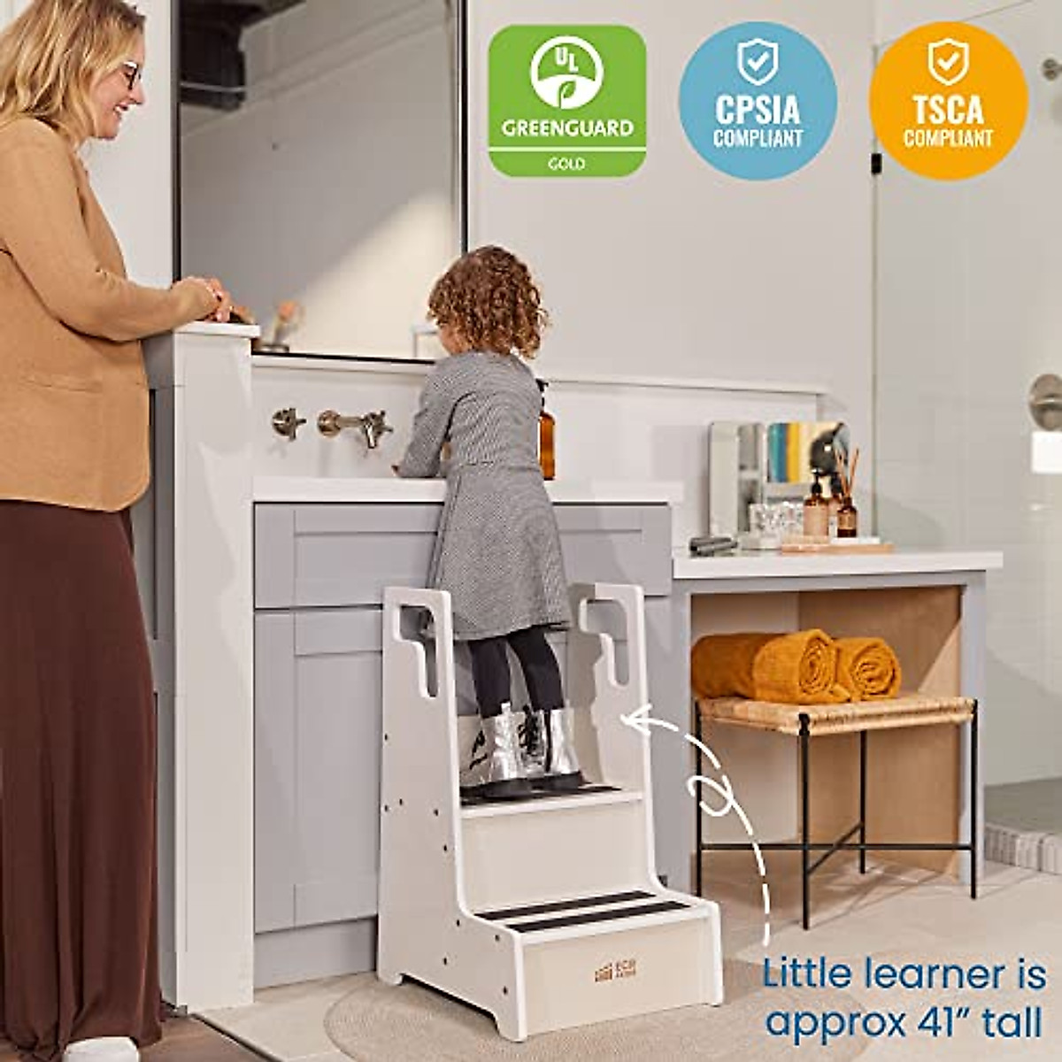 ECR4Kids Reach-Up Step Stool with Handles, Children's Furniture, White Wash