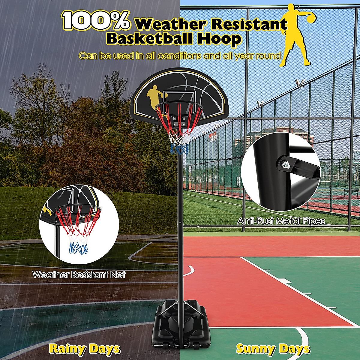 Goplus Portable Basketball Hoop Outdoor Indoor, 4.25-10FT 12-Level Adjustable Basketball Goal w/ 44’’ Shatterproof Backboard, Fillable Base, Basketball Stand System for Kids Teens Youth Adults