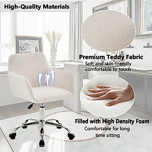 Modern Faux Fur Home Office Chair, Upholstered Faux Fur Makeup Vanity Chair, White Furry Cute Desk Chair with Wheels & Chrome Base, Ergonomic Adjustable Swivel Task Chair for Girls Women Bedroom Study