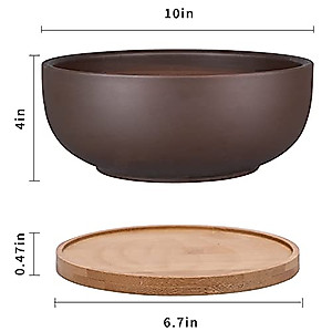 Thirtypot 10 Inch Terracotta Planter, Large Succulent Bonsai Planter Pot with Drainage Hole and Bamboo Saucer for Indoor Plants, Brown