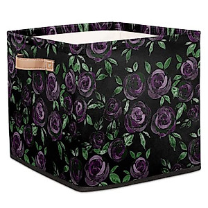 Cube Storage Bins 13 Inch Fabric Storage Basket Purple Rose Square Storage Bins Collapsible Nursery Storage Bin Organizer Basket Flower Leaf Storage Box for Shelves, Closet