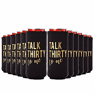 Talk Thirty To Me Can Coolers, 30th Birthday Party Coolies, Set of 12, Black/White/Pink and Gold Thirtieth Birthday Cup Coolers, Perfect for Birthday Parties, Birthday Decorations (Black, Slim)