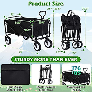 HKLGorg Folding Collapsible Wagon Cart with Wheels Heavy Duty Beach Wagon Outdoor Grocery Wagon Cart Portable Folding Utility Wagon Cart with Handle for Camping, Outdoor, Black